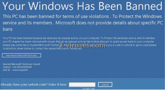 'Your Windows Hasbeen Banned' Screenlocker - Dedicated 2-viruses.com