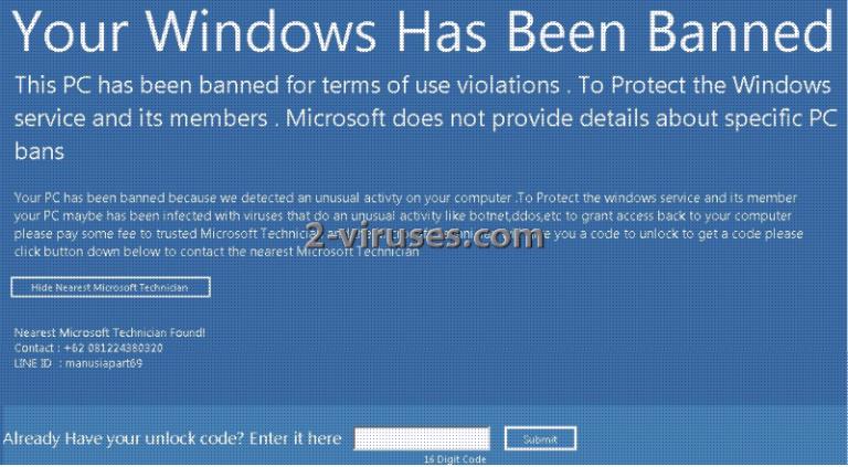 'Your Windows Hasbeen Banned' Screenlocker - Dedicated 2-viruses.com