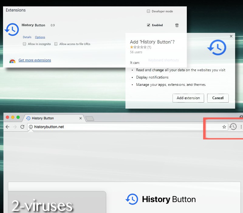 History Button extension virus – How to remove – Dedicated 2-viruses.com